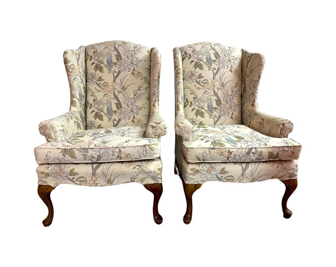 Queen Anne Wingback Chippendale Armchair Pair With Floral Bird ...