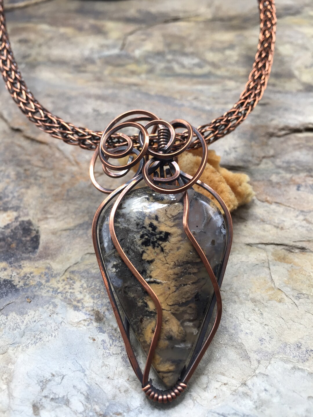 Wire Wrapped Tiger Dendrite Copper Wire Viking Knit Handmade - Etsy