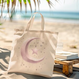 Moon and Stars Tote Bag, Celestial Canvas Tote, Eco-friendly Shopping ...