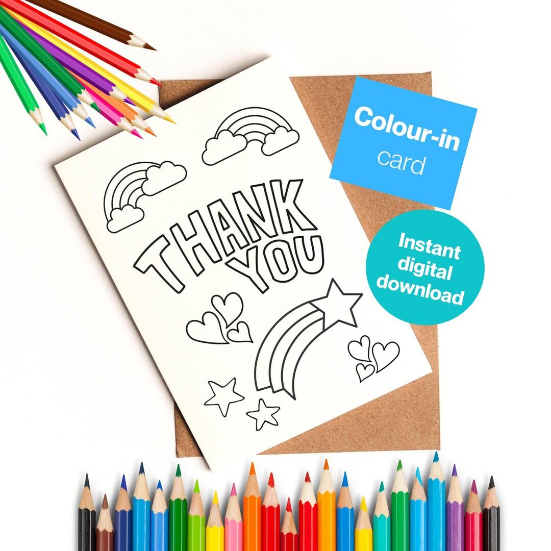 Printable Color in Thank You Card From Kids, Color-in DIY Cards for ...
