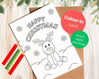Printable Colour-in Happy Christmas Card, Color-in DIY Merry Xmas Cards ...