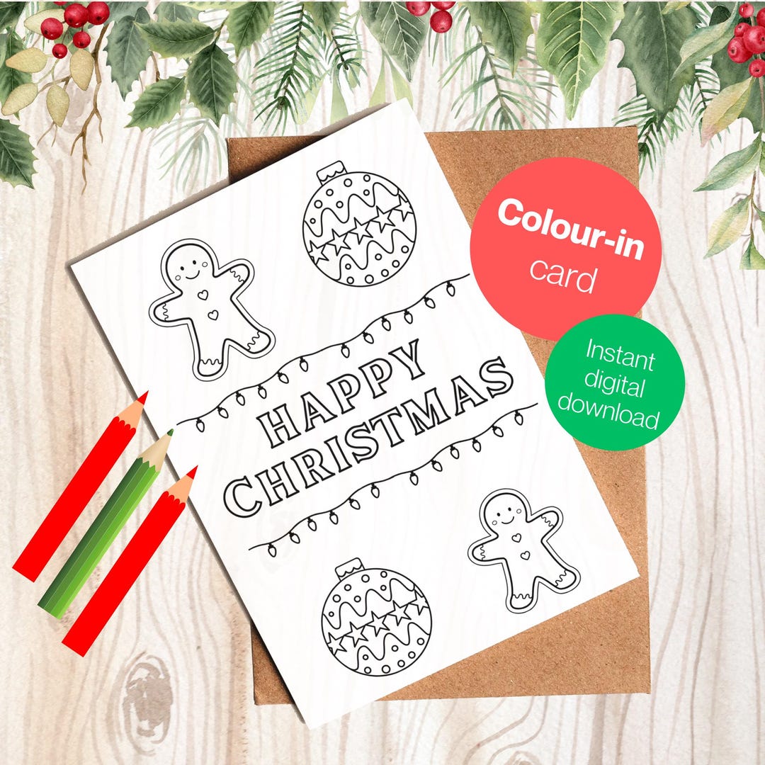 Printable Colour-in Happy Christmas Card, Color-in DIY Merry Xmas Cards ...