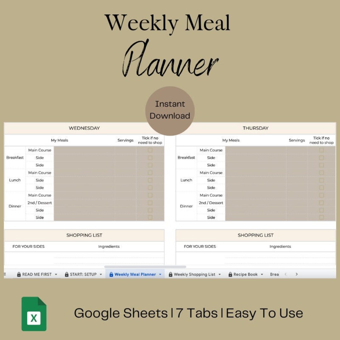 Weekly Meal Planner Google Sheets Spreadsheet Etsy