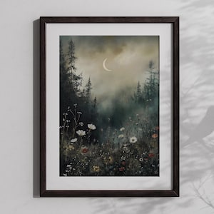 Dark Moody Flower Field Art Print, Dark Cottagecore Art, Dark ...