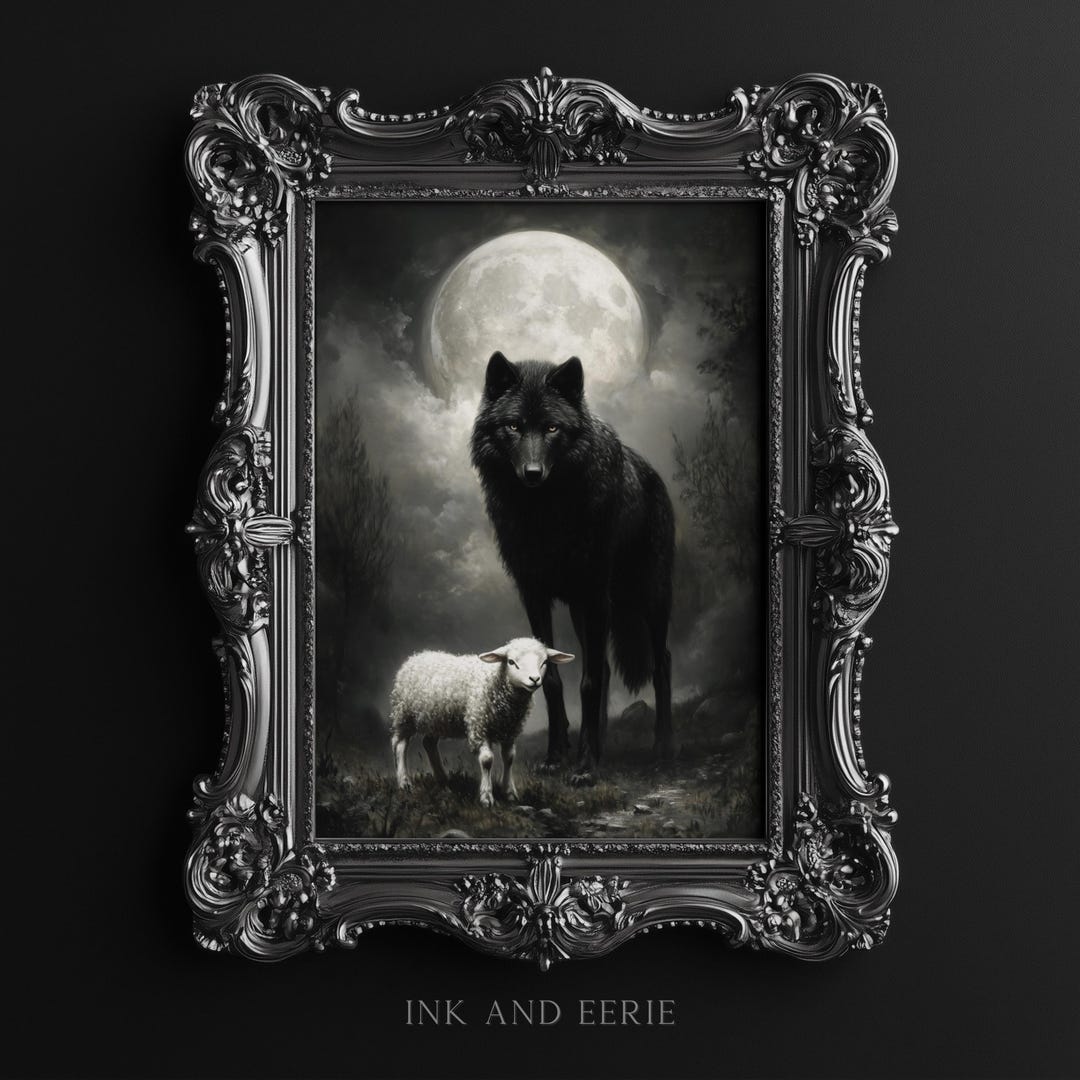 Dark Wolf and Lamb Art Print, Moody Wall Art, Dark Academia Print, Wolf ...