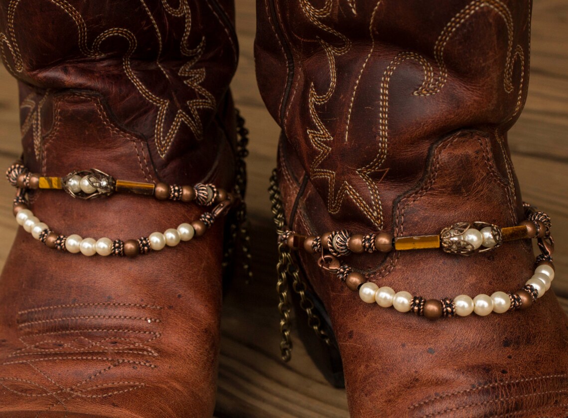 Brass and Copper With Pearls Adjustable Western Cowboy Boot Jewelry ...