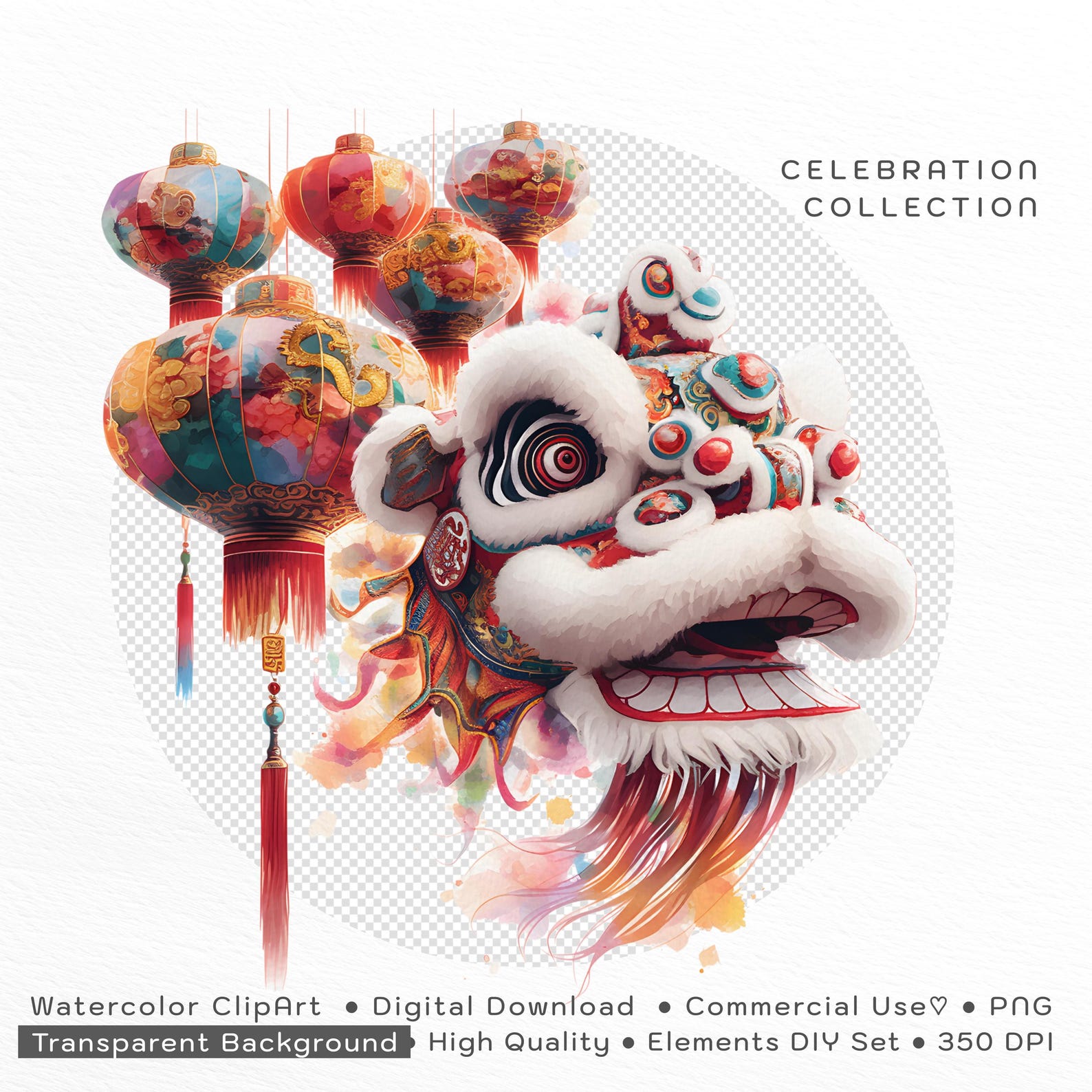 Lion Dance Watercolor Clipart: Chinese New Year PNG Images (digital ...