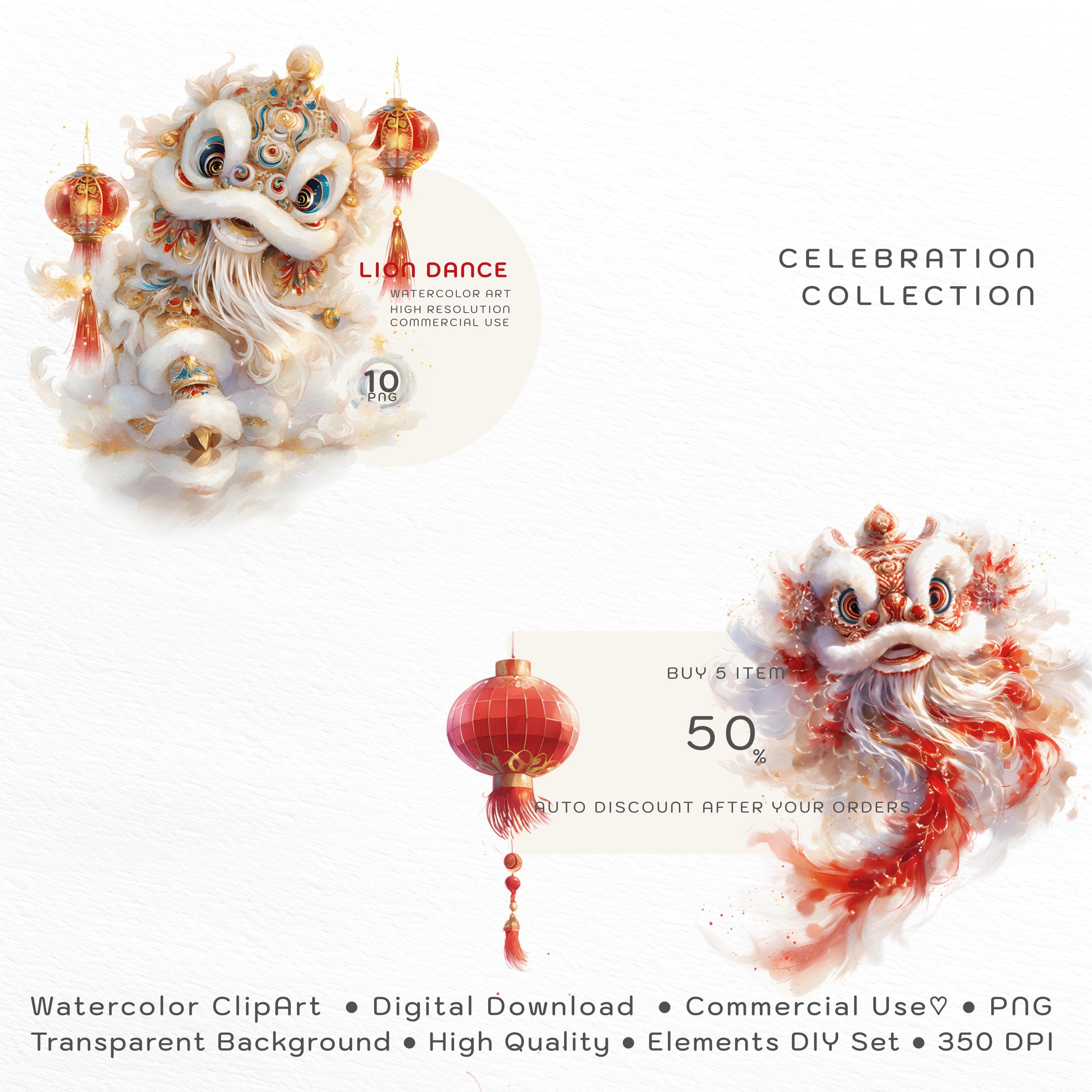 Lion Dance Watercolor Clipart: Chinese New Year PNG Images (digital ...
