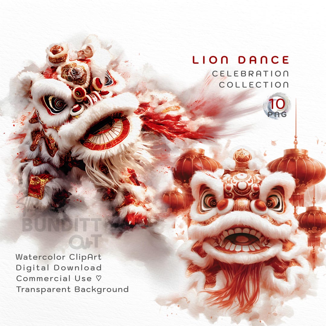 Lion Dance Watercolor Clipart: Chinese New Year PNG Images (digital ...