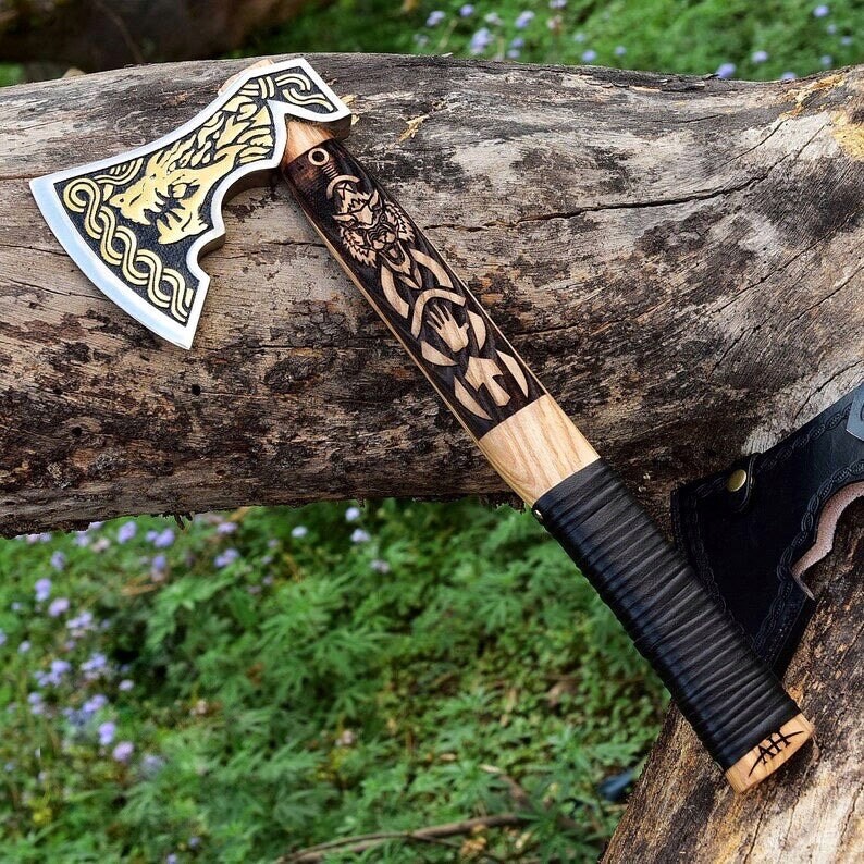 Viking Hand Forged Axe RAGNAR Hand Symbols Scandinavian Battle Axe Gold ...