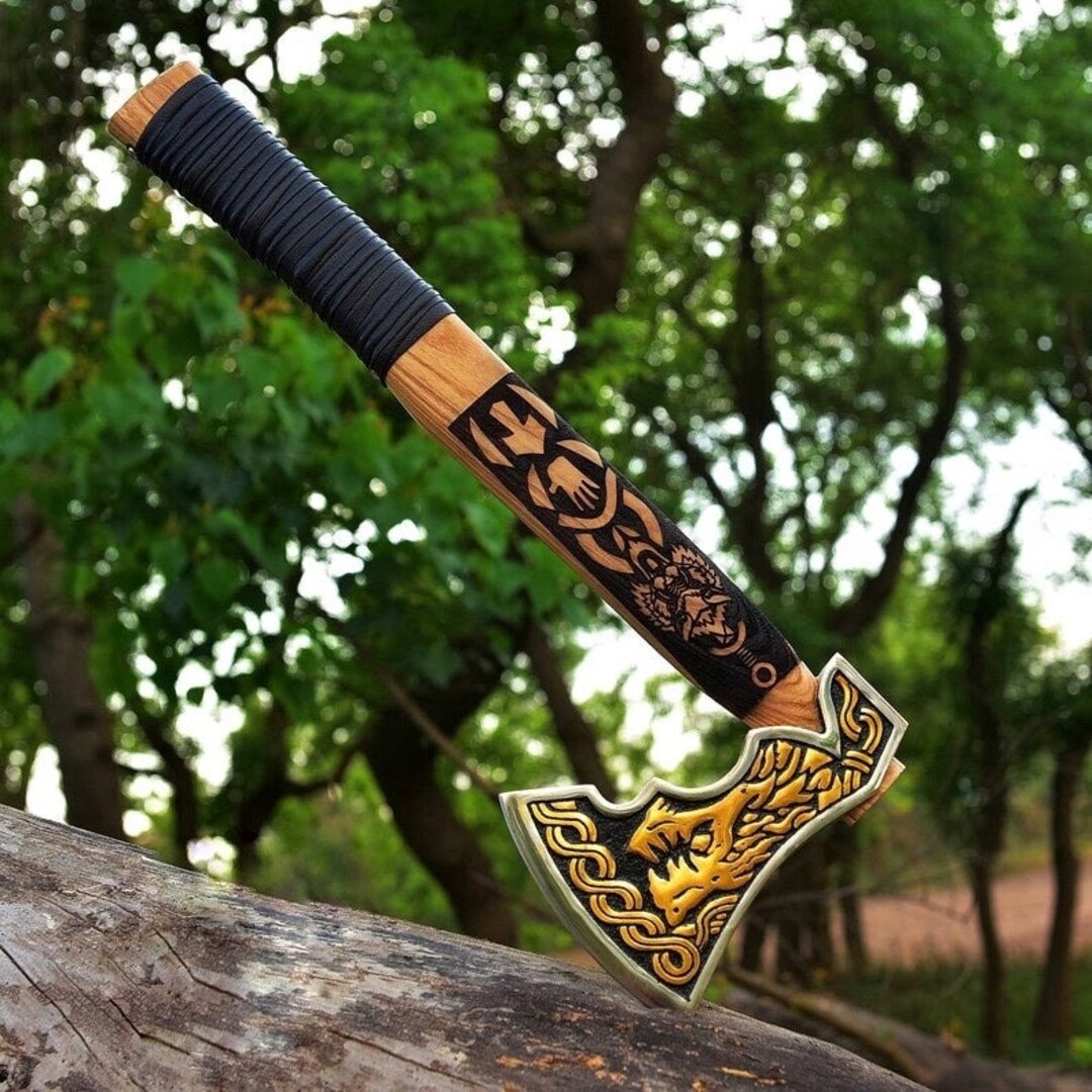 Viking Hand Forged Axe RAGNAR Hand Symbols Scandinavian Battle Axe Gold ...