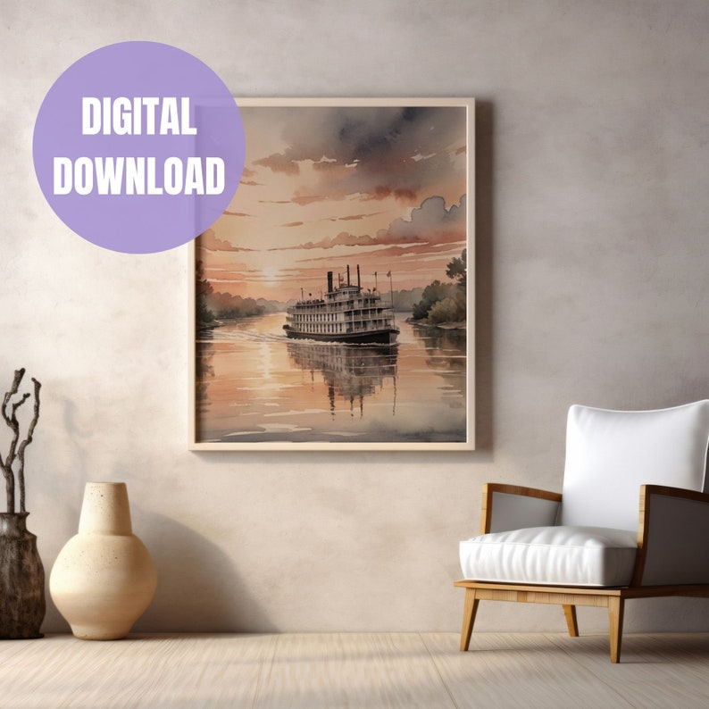 Vintage Peddle Boat Watercolor Painting - Subdued Mississippi River Art ...