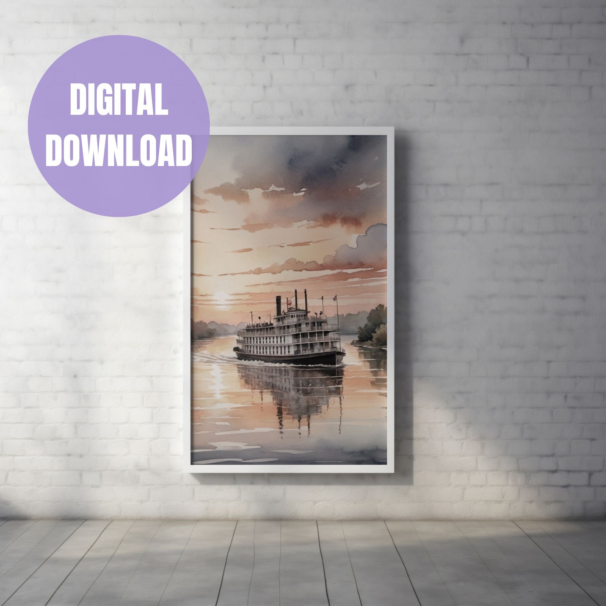 Vintage Peddle Boat Watercolor Painting - Subdued Mississippi River Art ...