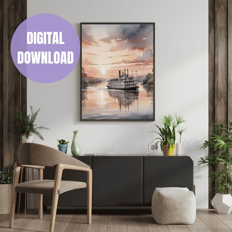 Vintage Peddle Boat Watercolor Painting - Subdued Mississippi River Art ...