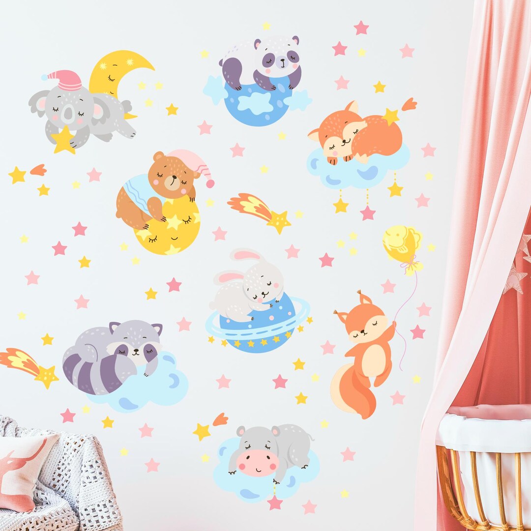 Sleeping on Clouds Animals Wall Decals Set Kids Stickers Stars Ek39 - Etsy