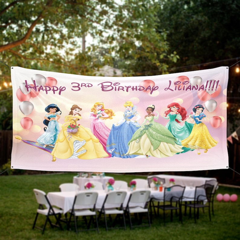 Princesses Birthday Banner Personalized Party Backdrop Decoration ...