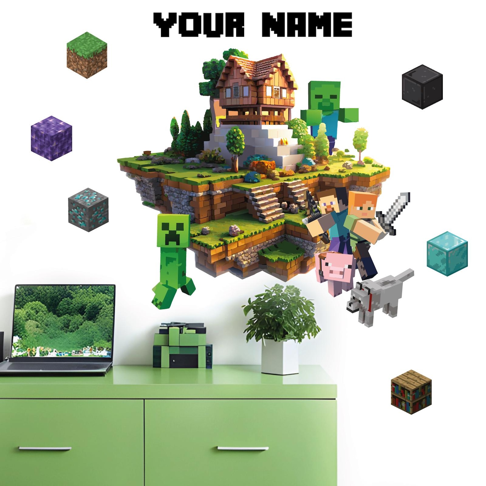 Personalized Gamer Wall Decal Mine Custom Name Sticker Playroom Pixel ...