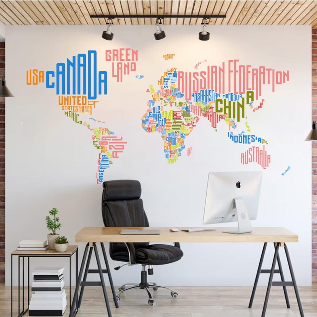 World Map From Country Names Wall Decal Educational Office Z3023 - Etsy