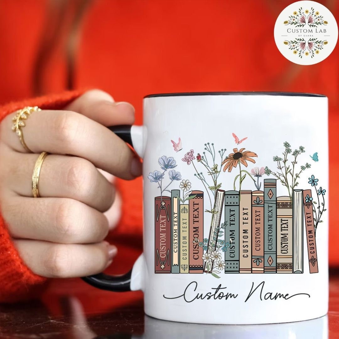 Personalized Floral Book Mug, Custom Song Name Librarian Bookworm ...