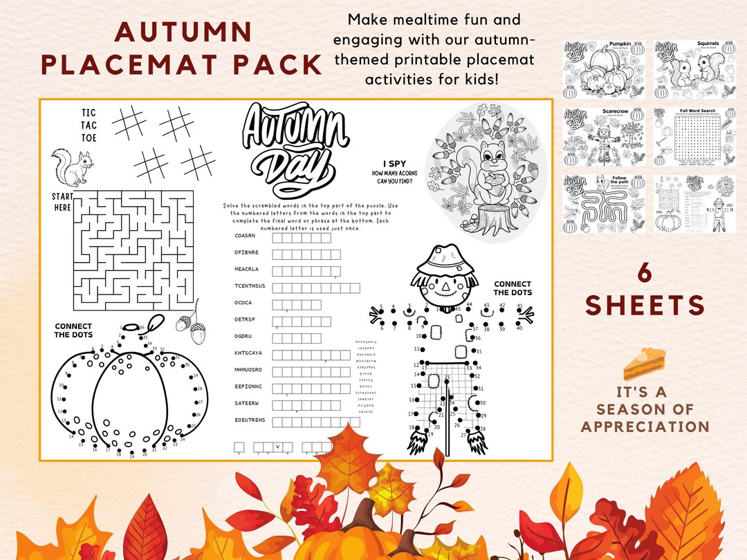 Autumn Placemat for Kids Activity Sheets Autumn Kids Activity Bundle ...