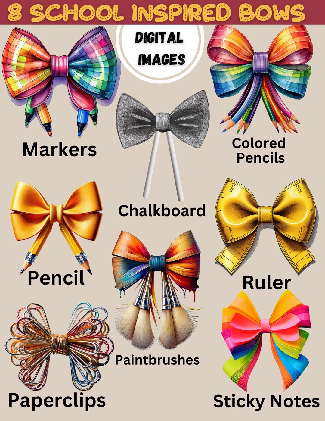 Back to School Teacher Bows Pencil Markers Paintbrushes Chalkboard ...