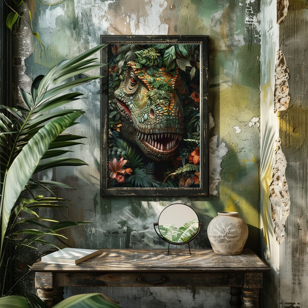 T-rex Jungle Wall Mural, Living Room Decor, Home Printables, Digital ...