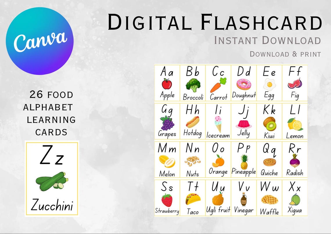 Learn Your Alphabet, Food Alphabet Flashcards, Digital Alphabet ...