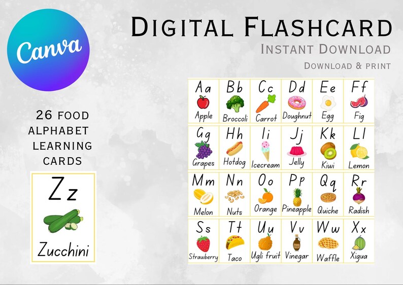 Learn Your Alphabet, Food Alphabet Flashcards, Digital Alphabet ...