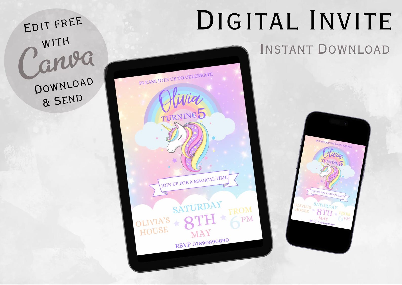 Rainbow Unicorn Digital Party Invitation - Etsy