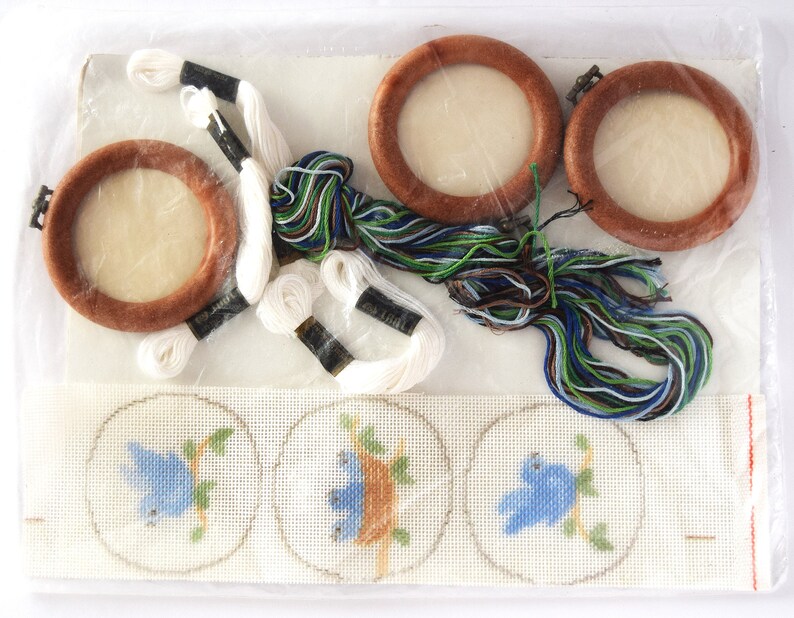 Mary Maxim, "blue Bird Needlepoint Rings" Kit #47359. 3 - 3" Round ...