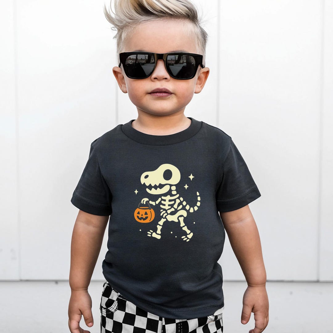 Kids Dino Skeleton Halloween Shirt – Cute Dinosaur Trick or Treat Tee ...