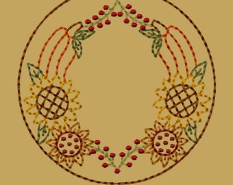 Primitive Machine Embroidery Design-sunflower Candle Mat-4 Inch-instant ...