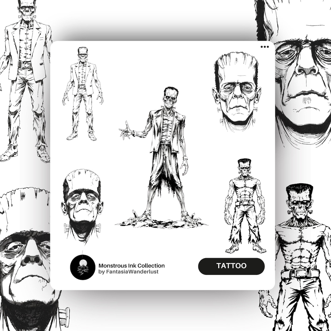 Frankenstein Tattoo Stencils – 5 Hand Drawn Horror Designs for Digital ...