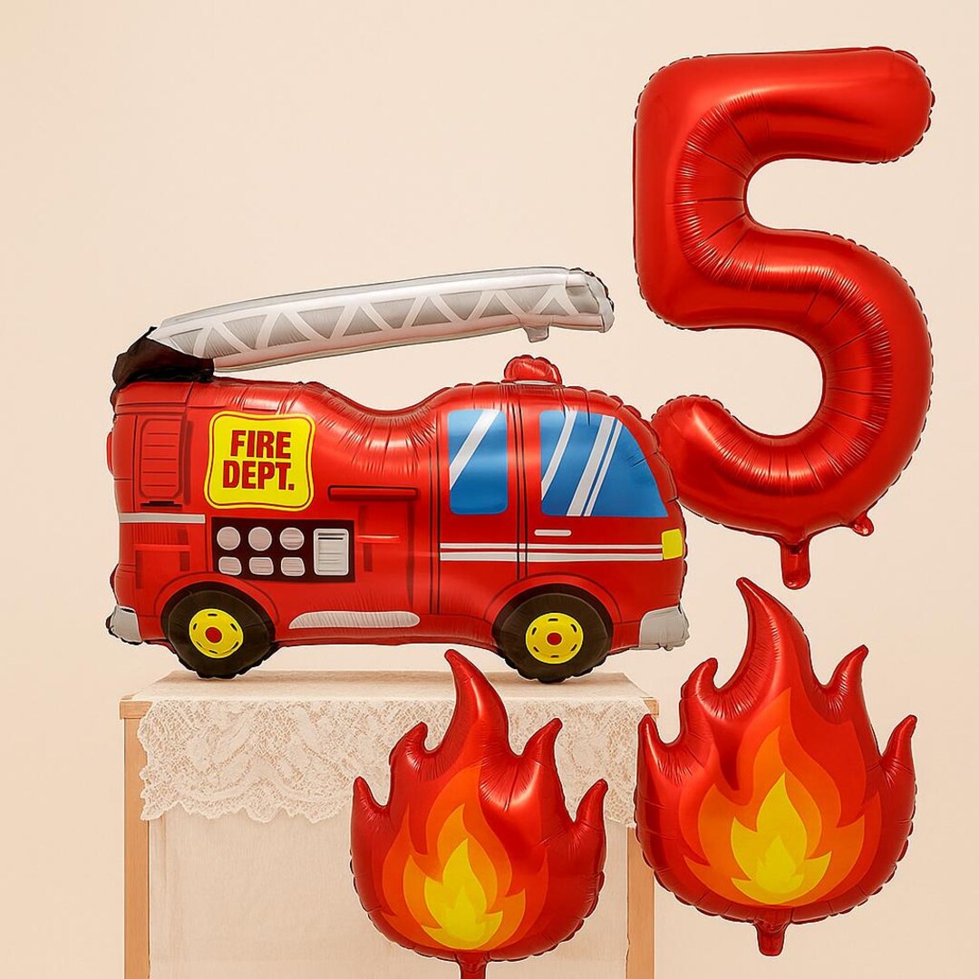 Firefighter Birthday Balloon Set – Fire Truck, Flames & Red Number 5 - Etsy
