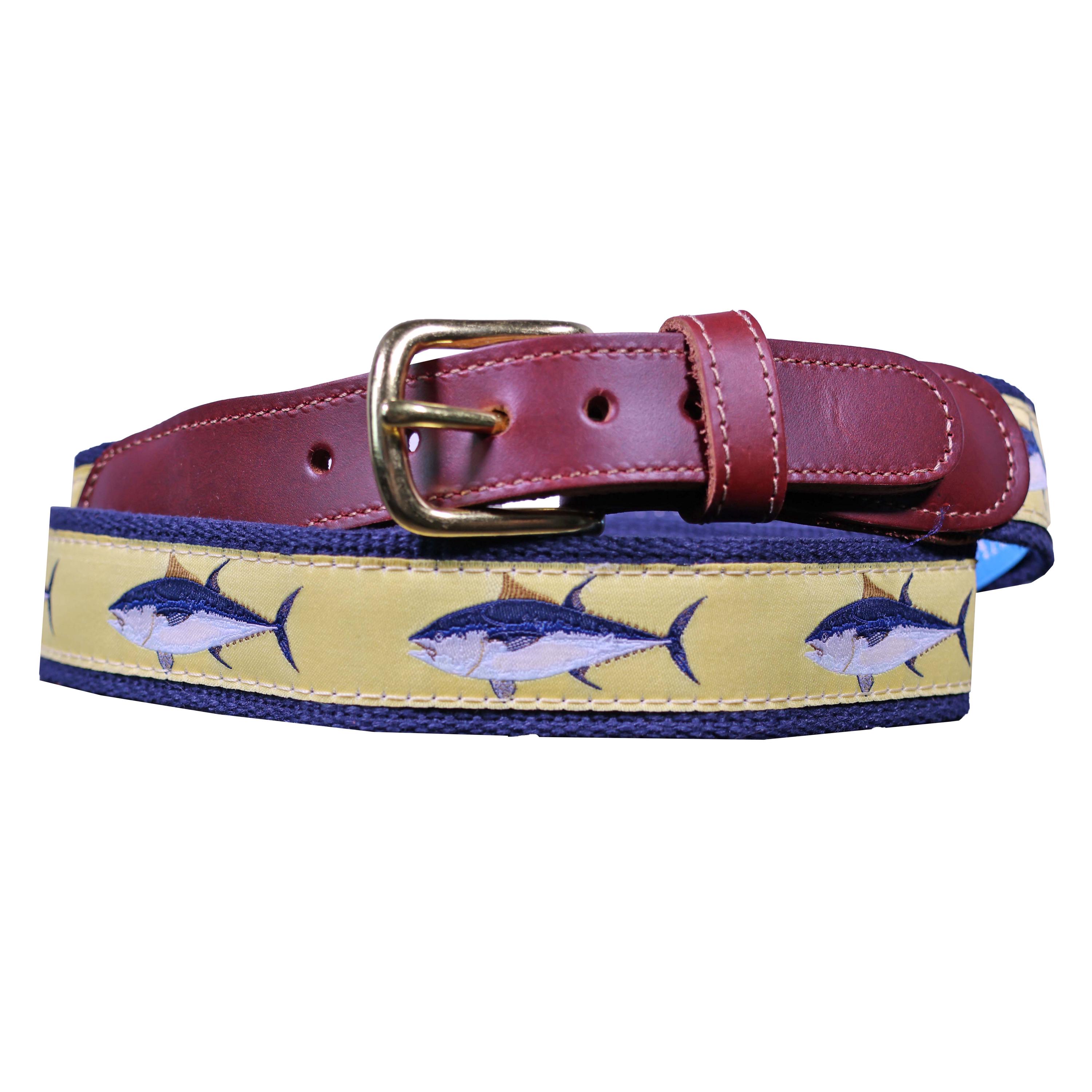 Blue Fin Tuna Embroidered Men’s Nautical Leather Belt, Where Coastal ...