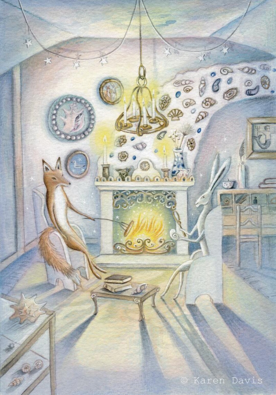 By the Fire. Whimsical Fox and Hare. A4 Print by Karen Davis - Etsy