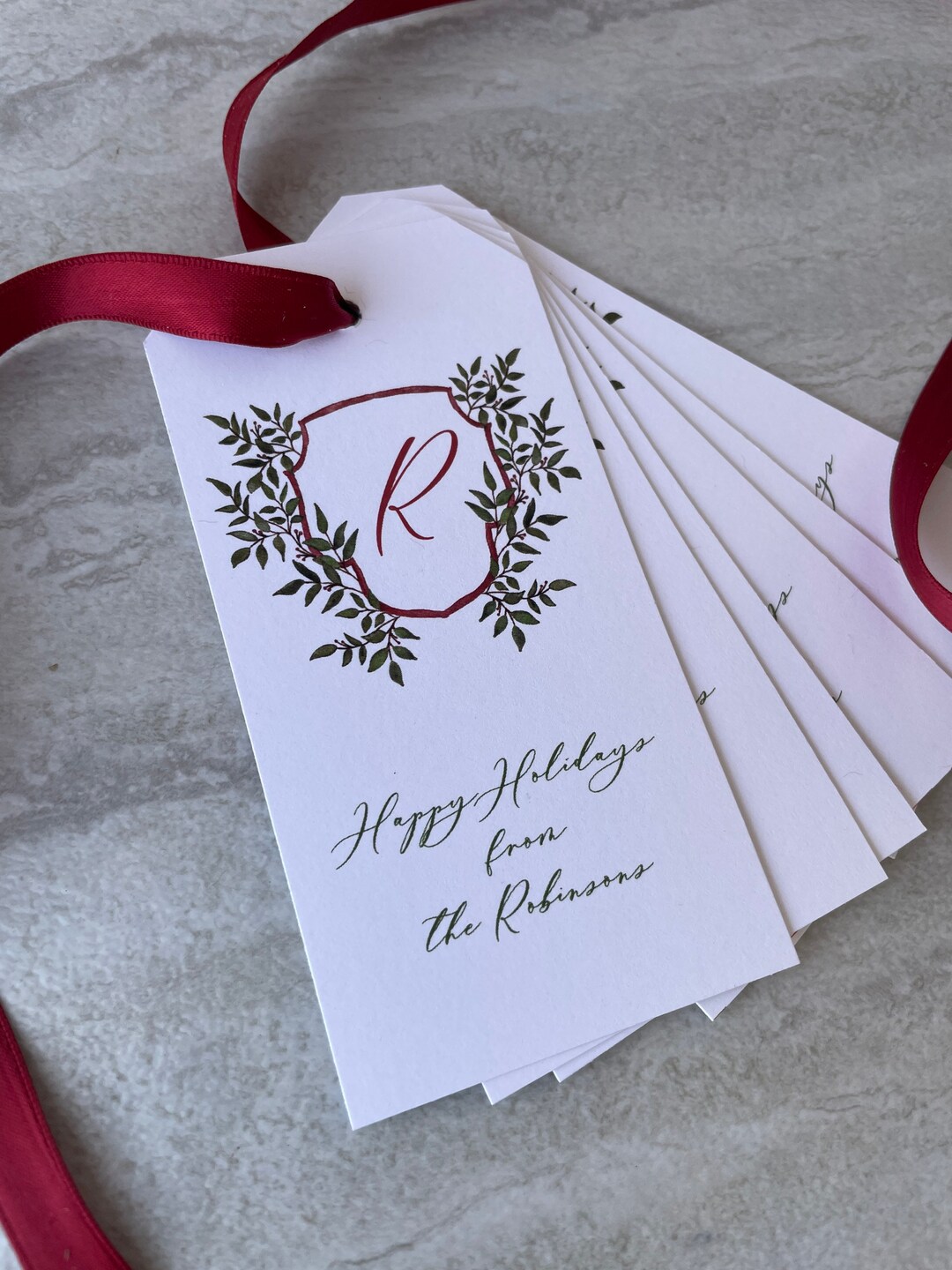 Monogram Holiday Crest Gift Tag Set of 12 Personalized Berry Branch ...
