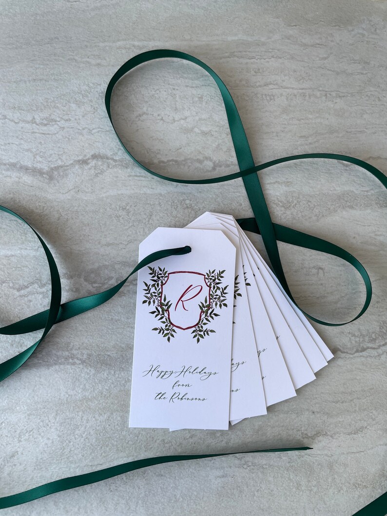 Monogram Holiday Crest Gift Tag Set of 12 Personalized Berry - Etsy
