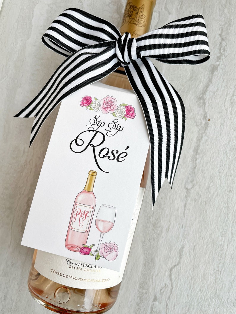 Sip Sip Rose Wine Bottle Gift Tag Set With Ribbon Watercolor - Etsy