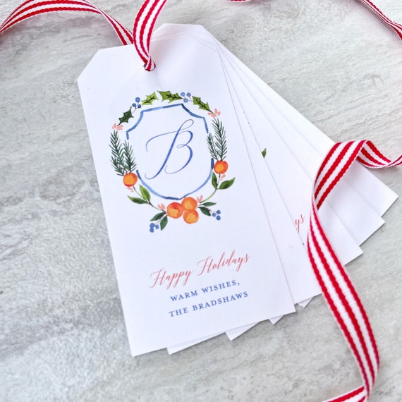 Monogram Holiday Crest Gift Tag set of 12 Personalized Orange Winter Greenery Watercolor Crest ...