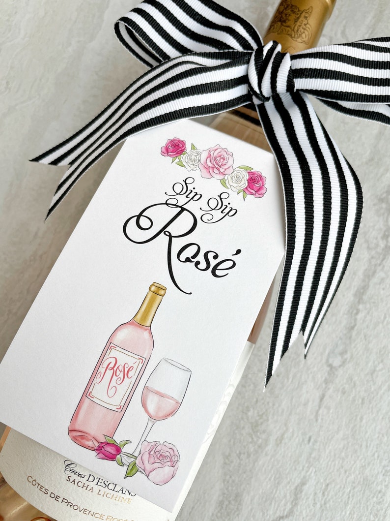 Sip Sip Rose Wine Bottle Gift Tag Set With Ribbon Watercolor - Etsy