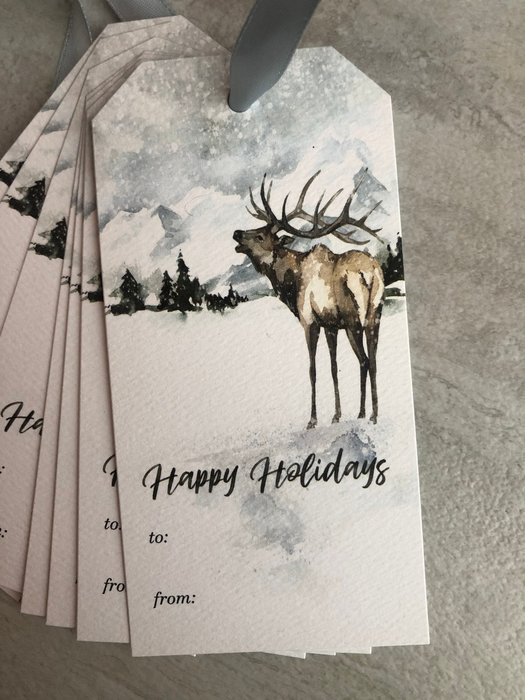 Watercolor Deer Christmas Gift Tags, Winter Mountain Landscape (set of ...