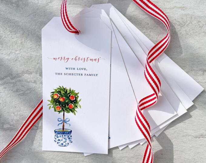 Chinoiserie Gift Tags Ginger Jar Orange Topiary Watercolor Gift Tag Set ...