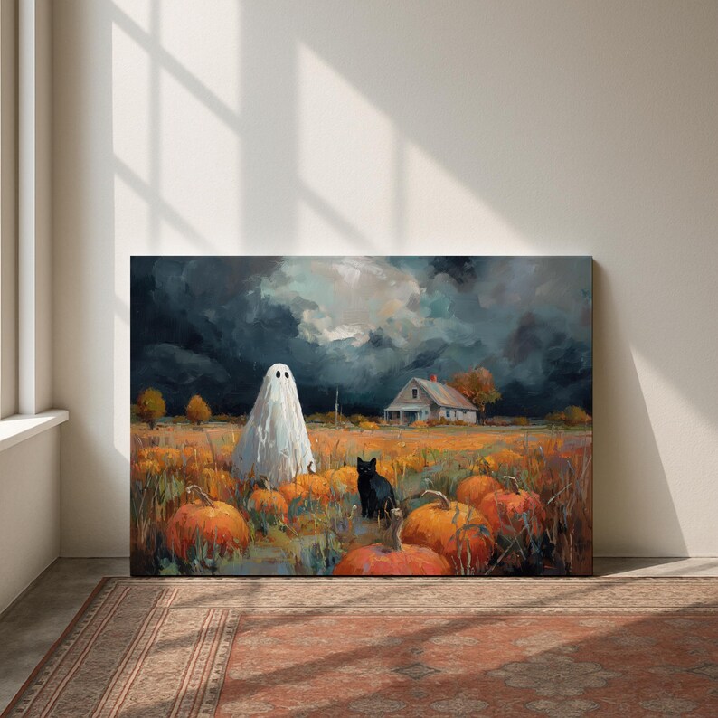 Haunted Pumpkin Patch Print Ghost and Black Cat Farmhouse Halloween Art ...