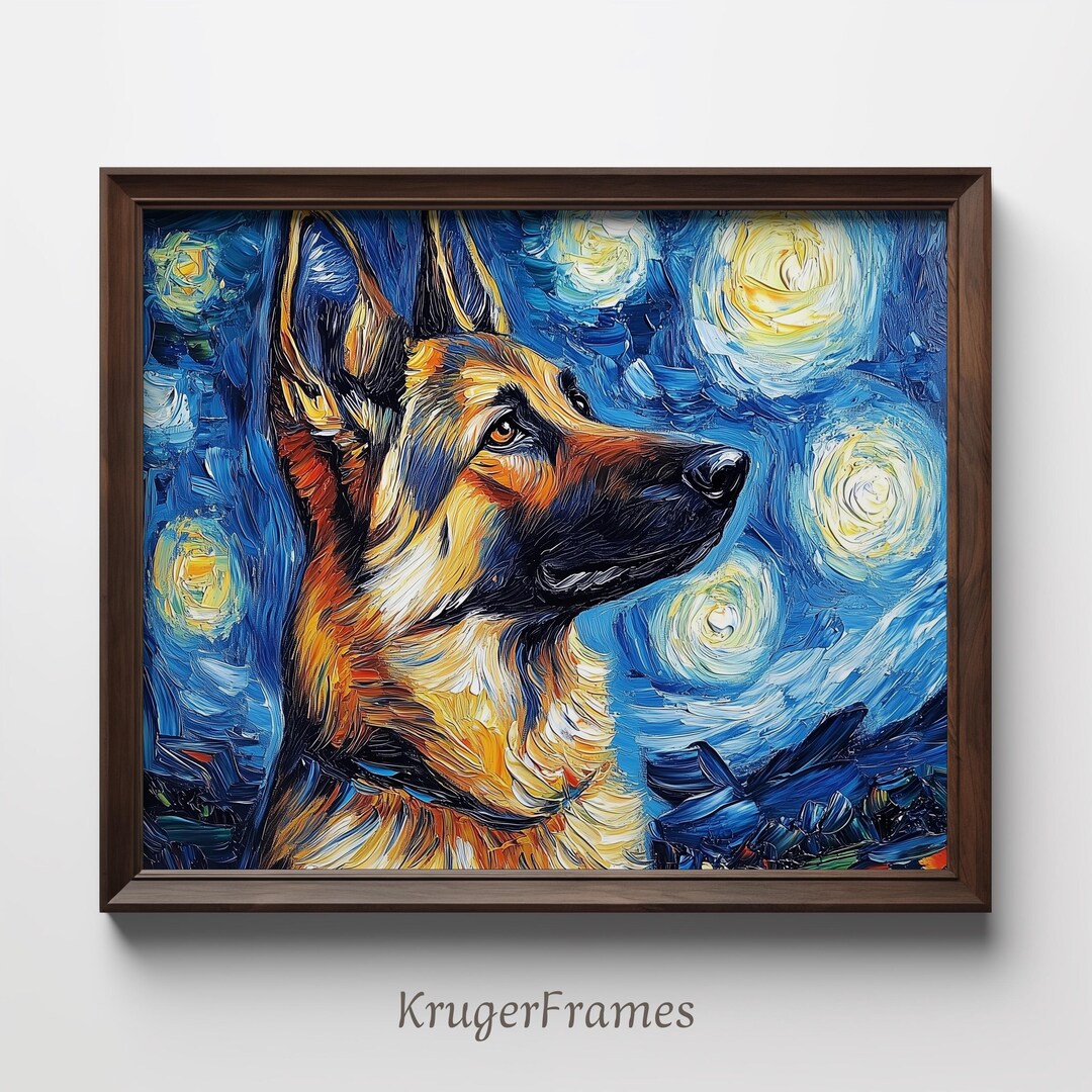German Shepherd Art - Starry Night Dog Painting - Pet Lover Wall Decor ...