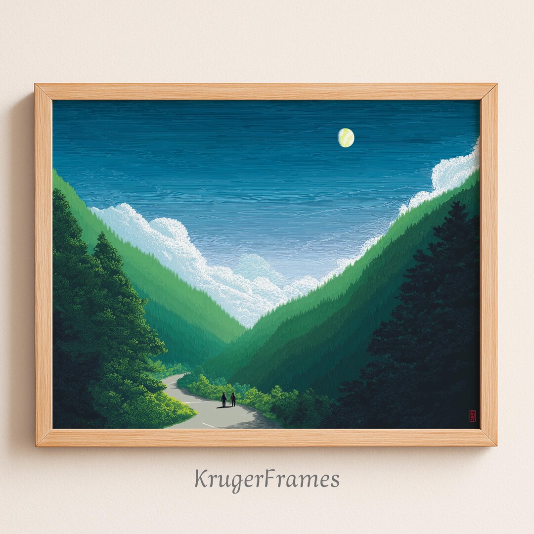 Moonlit Valley Print Serene Mountain Landscape Under Night Sky Digital ...