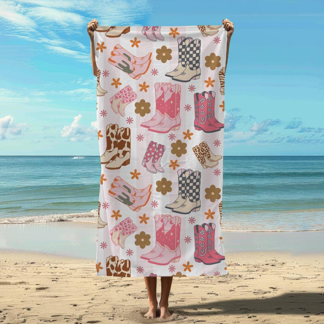 Western Beach Towel Pink Cowgirl Boot Gift for Country Music Girly Pool ...