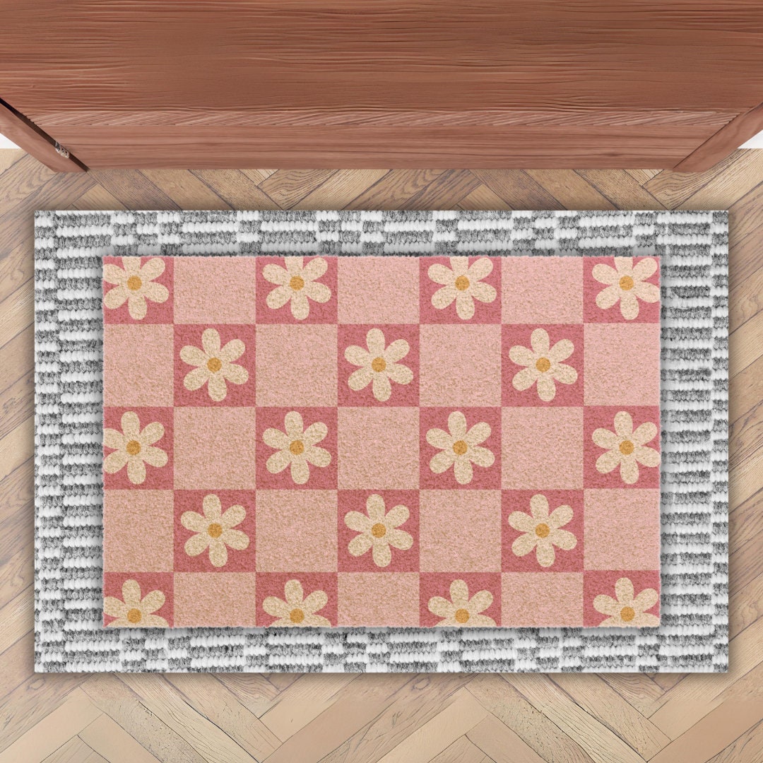 Floral Door Mat Pink Checkered Home Decor Retro Daisy Rug for New Home ...