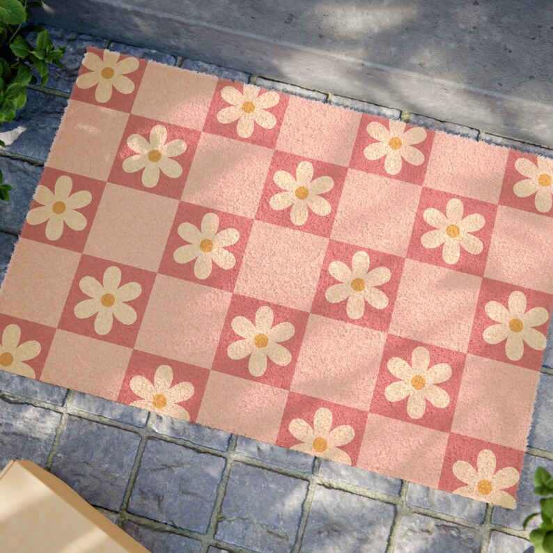 Floral Door Mat Pink Checkered Home Decor Retro Daisy Rug for New Home ...