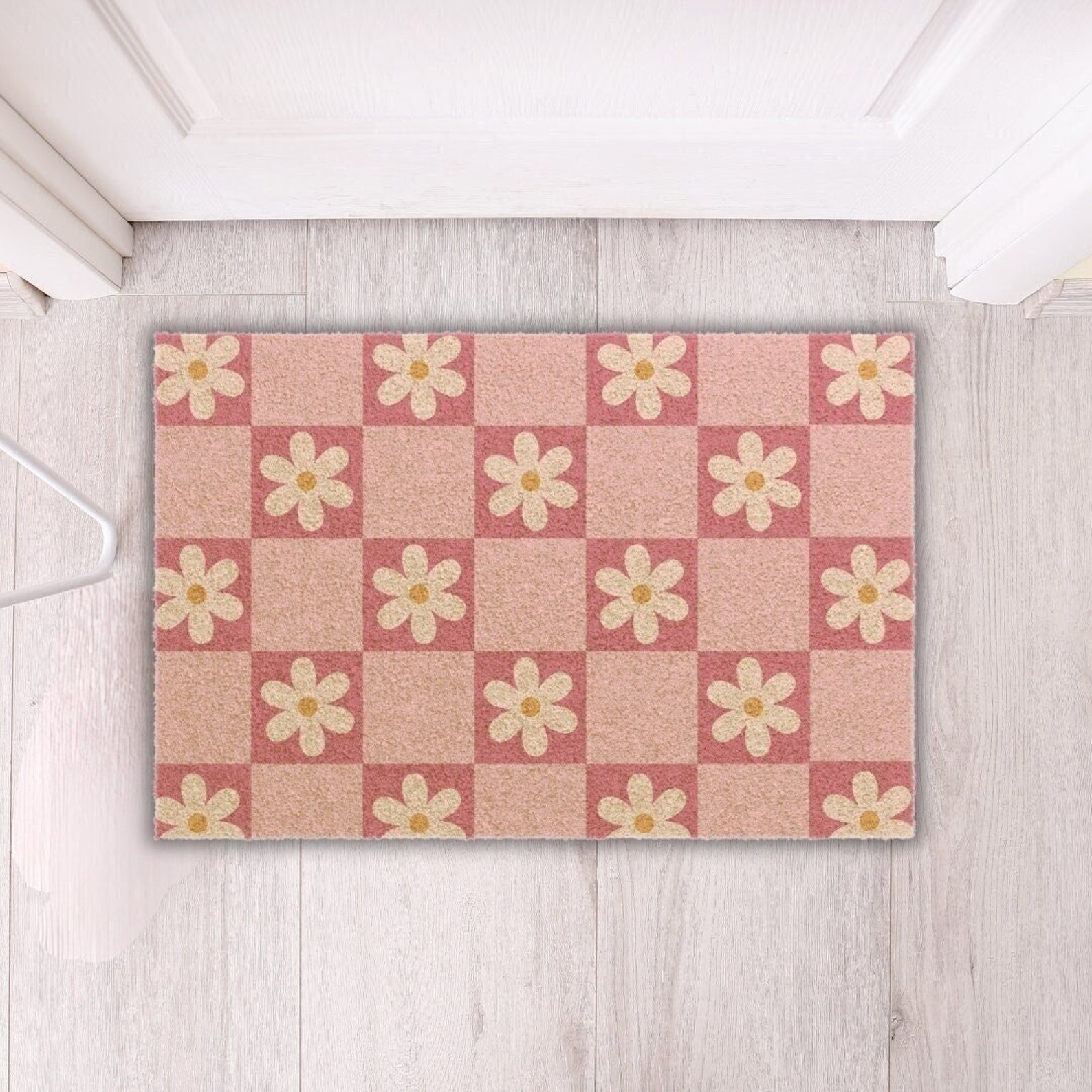 Floral Door Mat Pink Checkered Home Decor Retro Daisy Rug for New Home ...